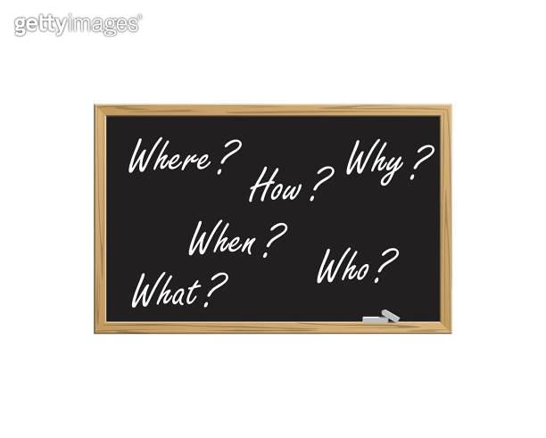 Where, When, What, Who, Why, How? written on blackboard. Faq concept ...