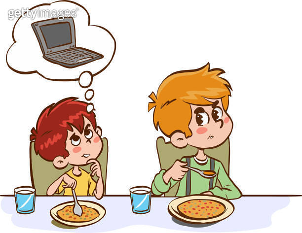 Happy kids having breakfast by themselves. Child nutrition concept. cartoon Vector illustration ...