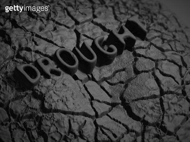 Drought text illustration on cracked muddy dark ground (1850773317 ...