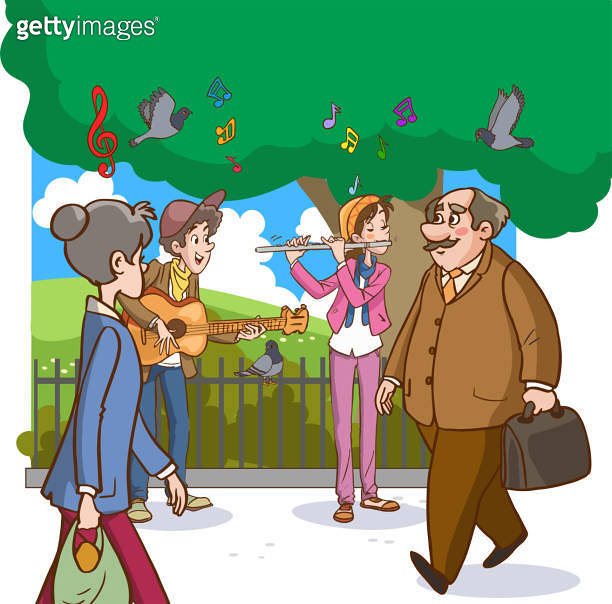 Group of street musicians, cartoon characters playing music, flat ...