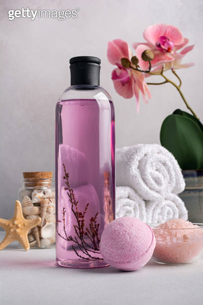 Bath concept. Pink shower gel, bath bomb and sea salt 이미지 (1456155247 ...