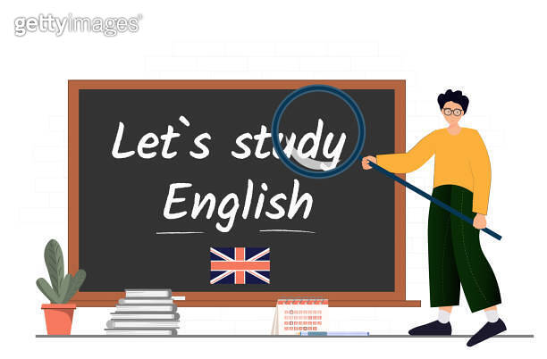 Banner with Let`s study English phrase written on the chalkboard ...