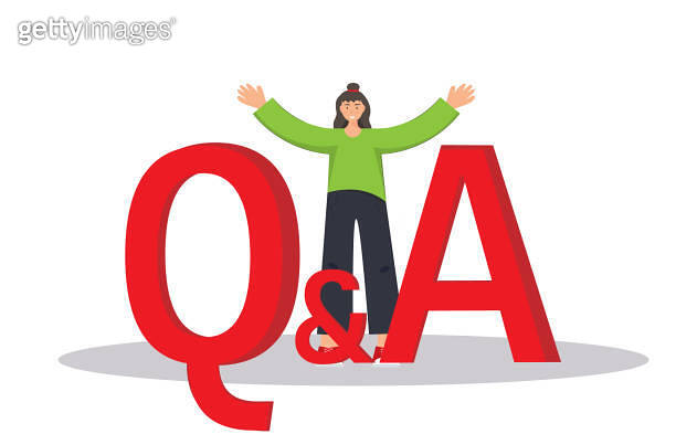Woman, girl standing near Q and A letters, asking a question concept ...
