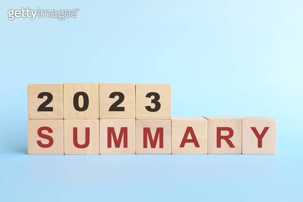 Year 2023 recap and summary concept. Wooden blocks typography in blue ...