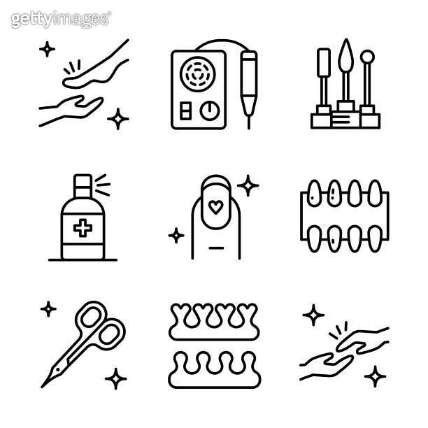 Nail service outline icons set. Manicure gel pedicure signs collection ...