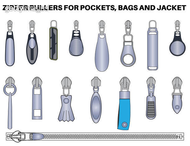 Silver metal Zipper puller flat sketch vector illustration set ...