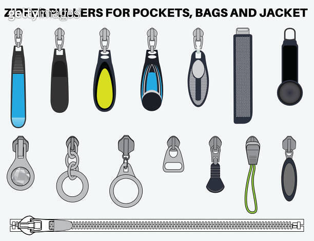 Zipper puller flat sketch vector illustration set, different types of ...