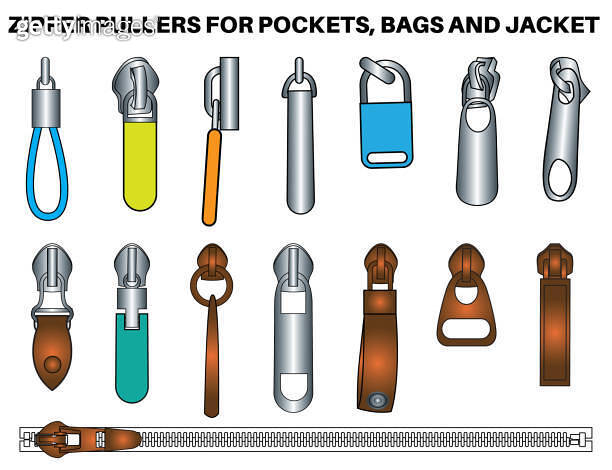 Brass metal Zipper puller flat sketch vector illustration set ...