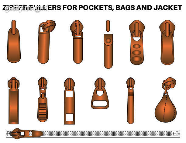 Brass metal Zipper puller flat sketch vector illustration set ...