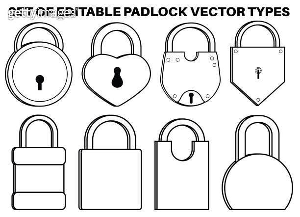 Padlock types flat sketch vector illustration, set of closed pad lock ...