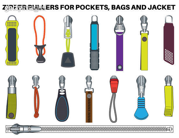 Zipper puller flat sketch vector illustration set, different types of ...