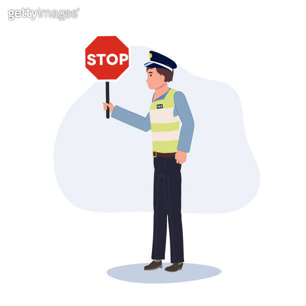 A traffic police holding stop sign. Flat vector cartoon illustration ...