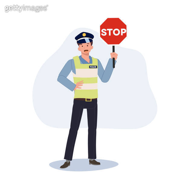 A traffic police holding stop sign. Flat vector cartoon illustration ...