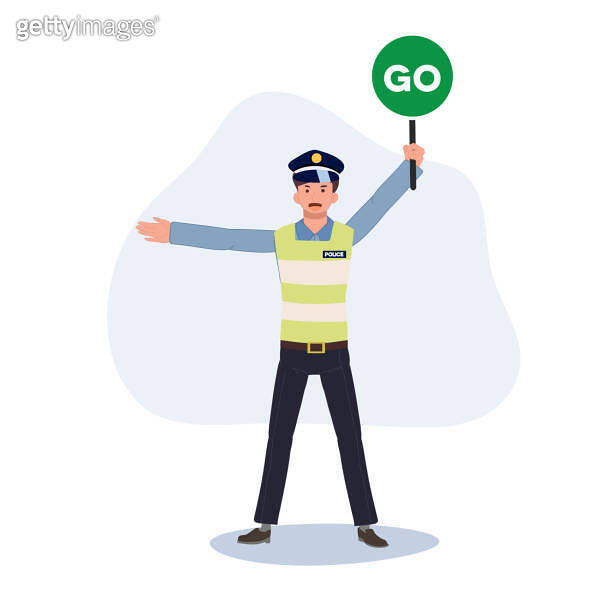 A traffic police holding traffic holding GO sign. Flat vector cartoon ...