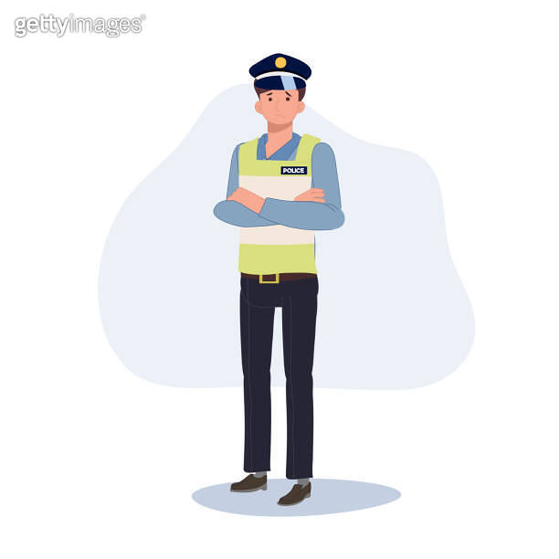 A sad traffic police is standing with arms crossed and thinking. Flat ...