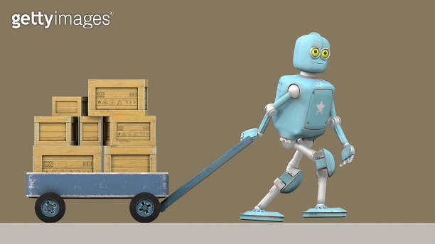 Retro robot moving cart with boxes, 3D video render cartoon style, on ...