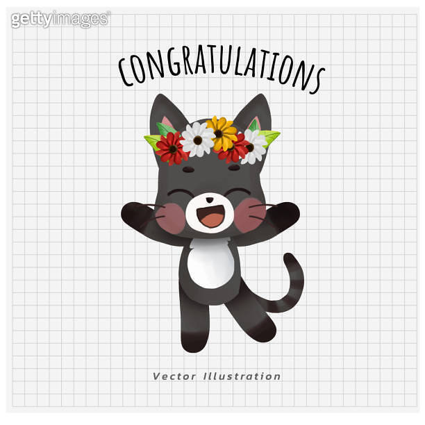 congratulations postcard. Cute kawaii happy black cat wearing colorful ...