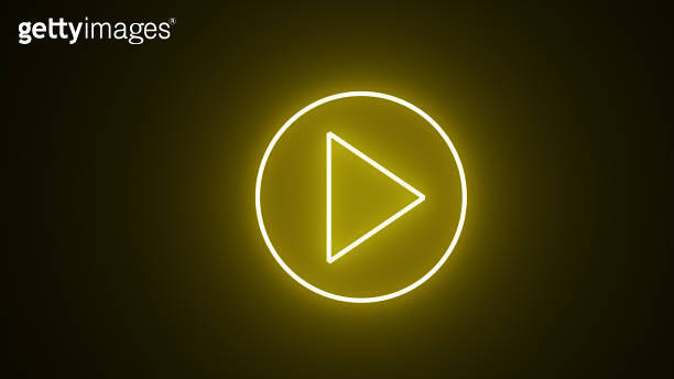 yellow color play button on black background. Start button. Neon ...