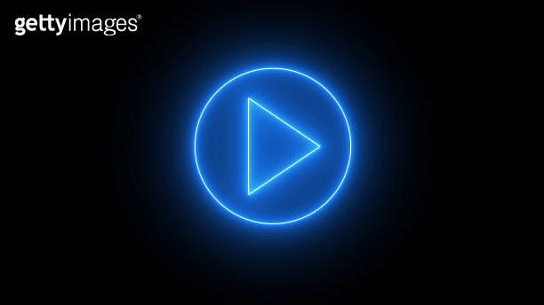 Blue play button on black background. Start button. Neon glowing play ...