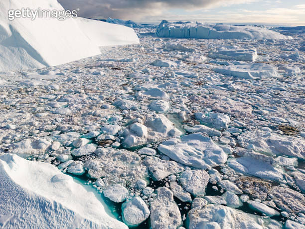 Greenland Ilulissat Icefjord Aerial View. Iceberg and glacier ice in ...