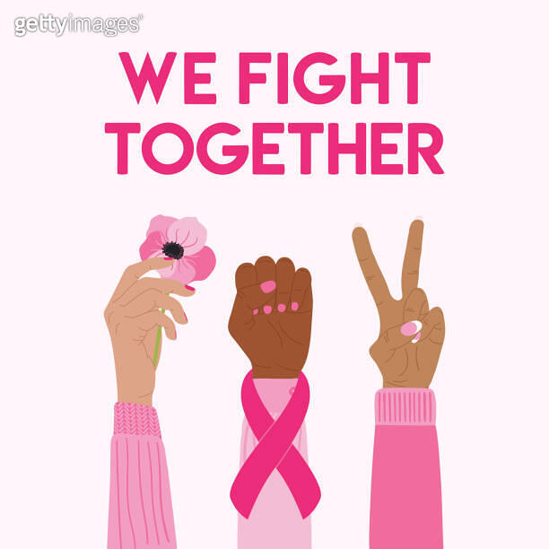 Breast Cancer Awareness Month. Pink cancer ribbon on raised fist, V ...