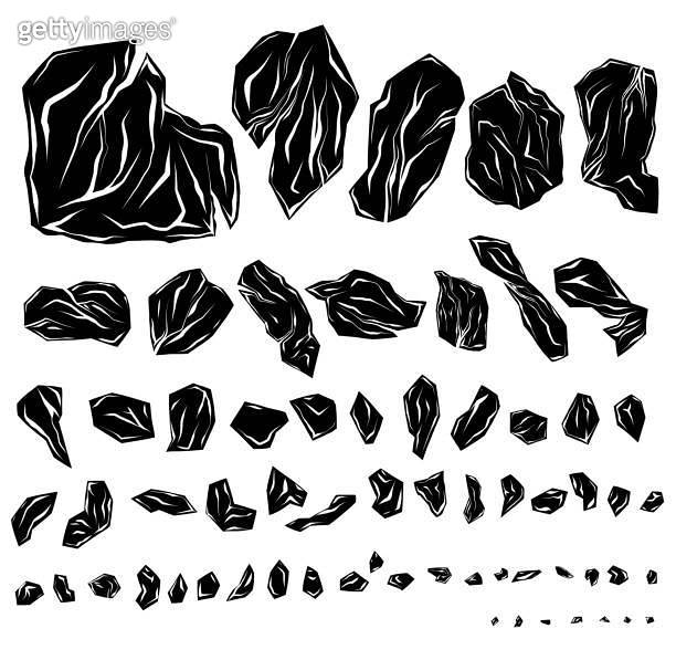 Vector set of monochrome various of broken stones. Black silhouette ...
