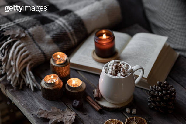 Autumn cozy home composition with hot chocolate with marshmallow and ...