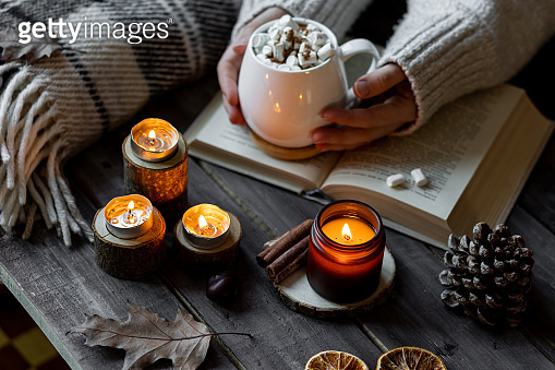 Autumn cozy home composition with hot chocolate with marshmallow and ...