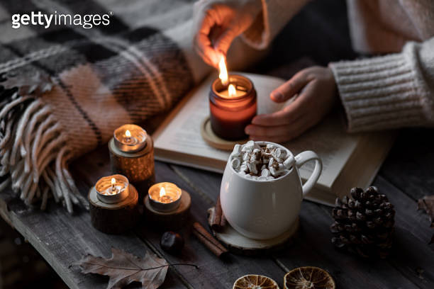 Autumn cozy home composition with hot chocolate with marshmallow and ...