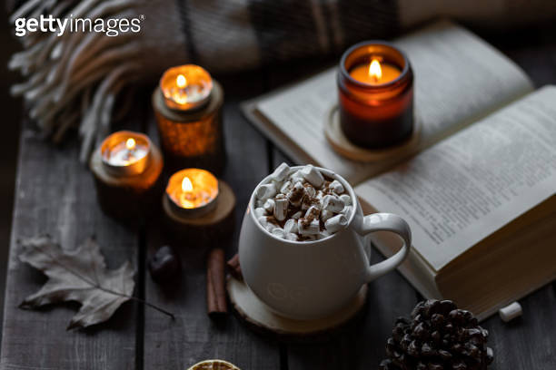 Autumn cozy home composition with hot chocolate with marshmallow and ...