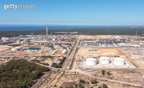Portugal Sines oil terminal storage tanks, aerial view, oil and gas ...