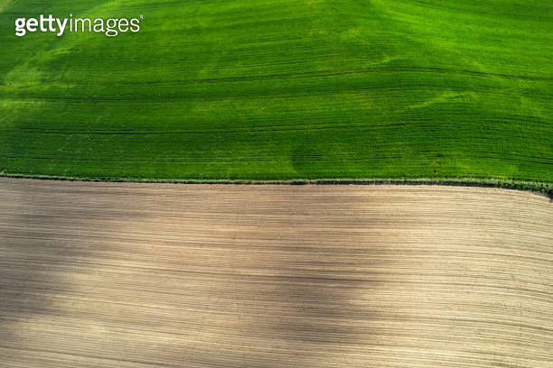 Colorful patterns in crop fields at farmland, aerial view, drone photo ...