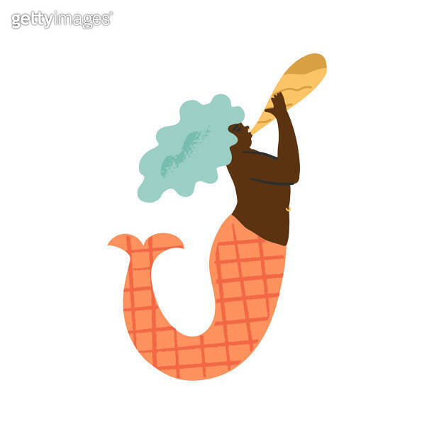 An African mermaid with piercing sounding a horn, cute Black chubby ...