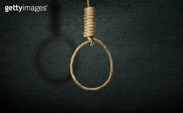suicide concept. noose with shadow on dark wall background 이미지 ...
