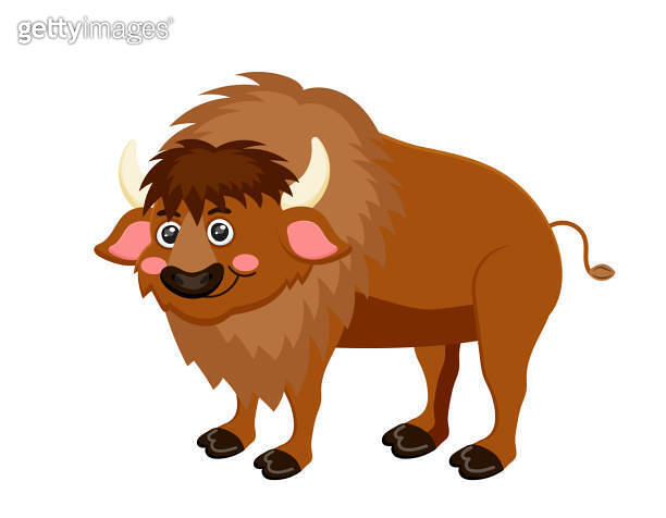 Cartoon yak. Cute animal character. Brown wild mammal. Zoo cow. Shaggy ...