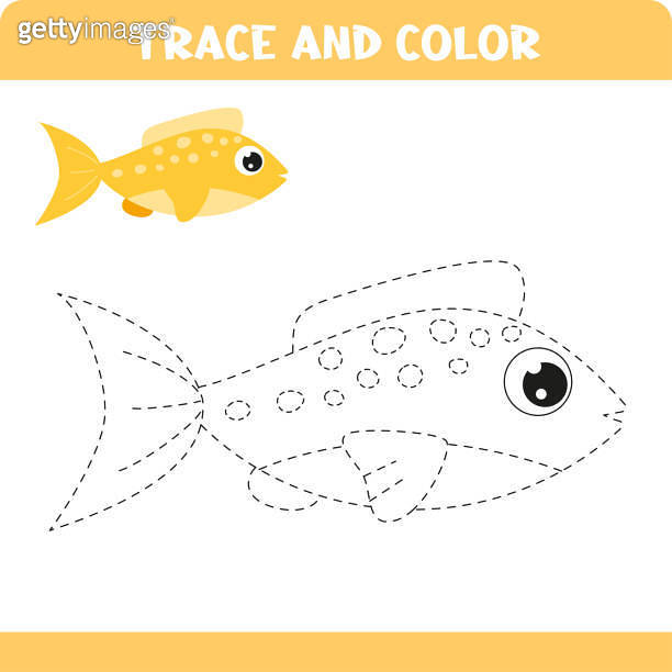 Trace and color game for kids. Activity worksheet. Outline fish ...