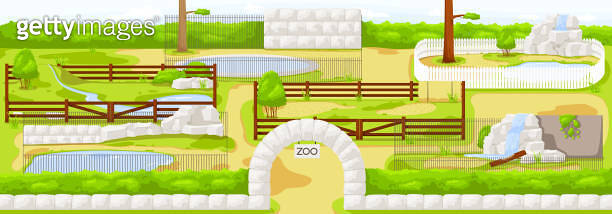 Empty cartoon zoo. Blank aviary and enclosure. Picturesque landscape ...