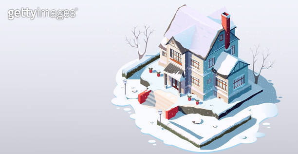Detailed winter house cartoon isometric clipart. Realistic building ...