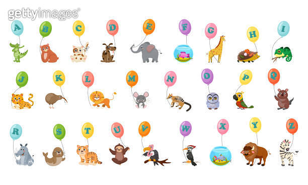 Abc, english alphabet with cartoon animals. Letters set, pets, balloons ...