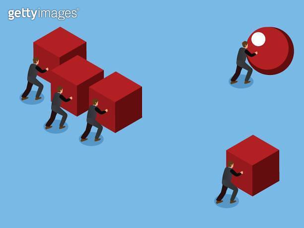 smart businessman pushing a sphere leading the race against a group of ...