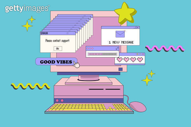 PC with monitor keyboard and mouse in retro style. Retro pc elements ...