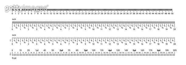 Inch and metric rulers. Centimeters, inches and foot, yard and ...