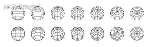 Globe grids. 3D spheres various position. Striped 3D balls, earth globe ...