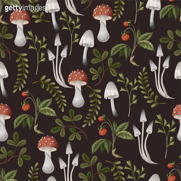Autumn seamless pattern with mushrooms, berries and bugs. Natural ...