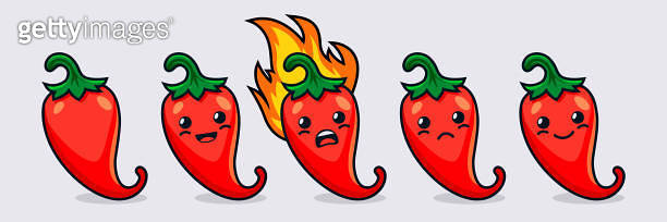 Vector Cartoon Cute and Funny Red Hot Chili Pepper Icon Set. Kawaii ...