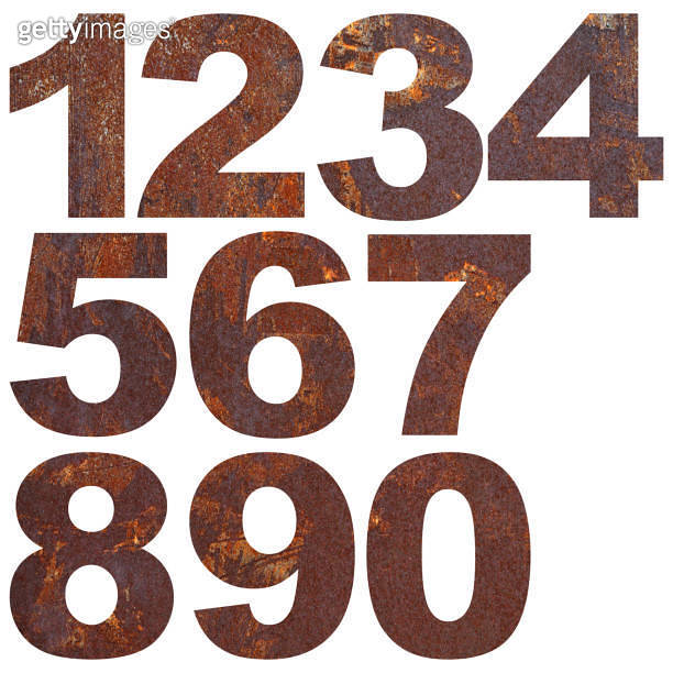 Isolated shot of rusty metal numbers from 0 to 9 on white background ...