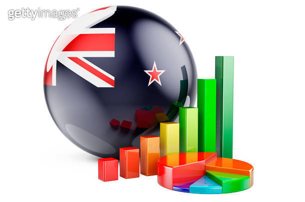 New Zealand flag with growth bar graph and pie chart. Business, finance ...