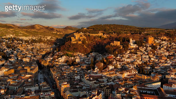 Bird's-eye view of the Alhambra fortress and palace in Andalusia, Spain ...