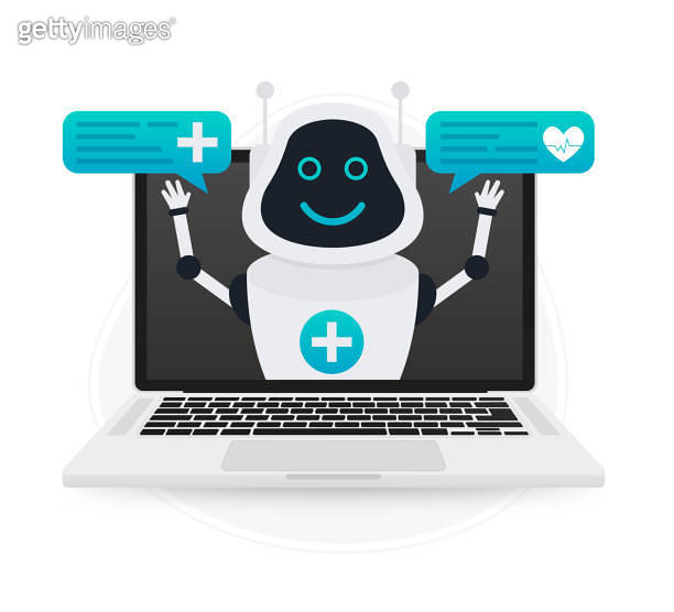 Medical chatbot concept. A bot from an on-screen monitor holds speech ...