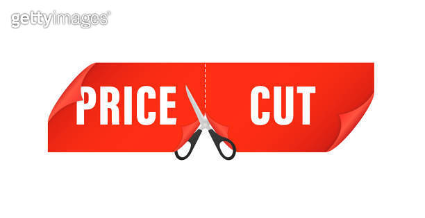 Red banner price cut. Scissors cutting sticker price. Price cut ...